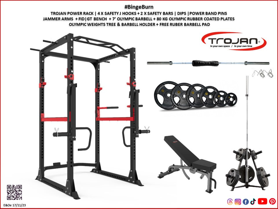 Power Rack & Jammer Arms + FID Bench 80 Kg Plates 7' Olympic Barbell ...