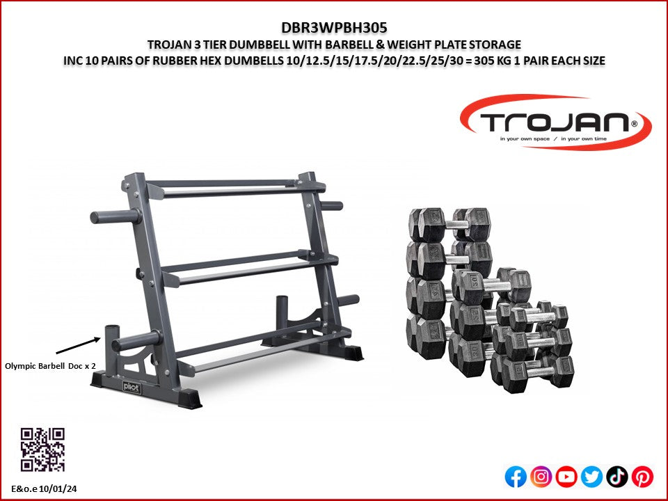 Rubber Hex Dumbbell Rack 3 Tier + Weight Plate & Barbell Storage + 305 ...