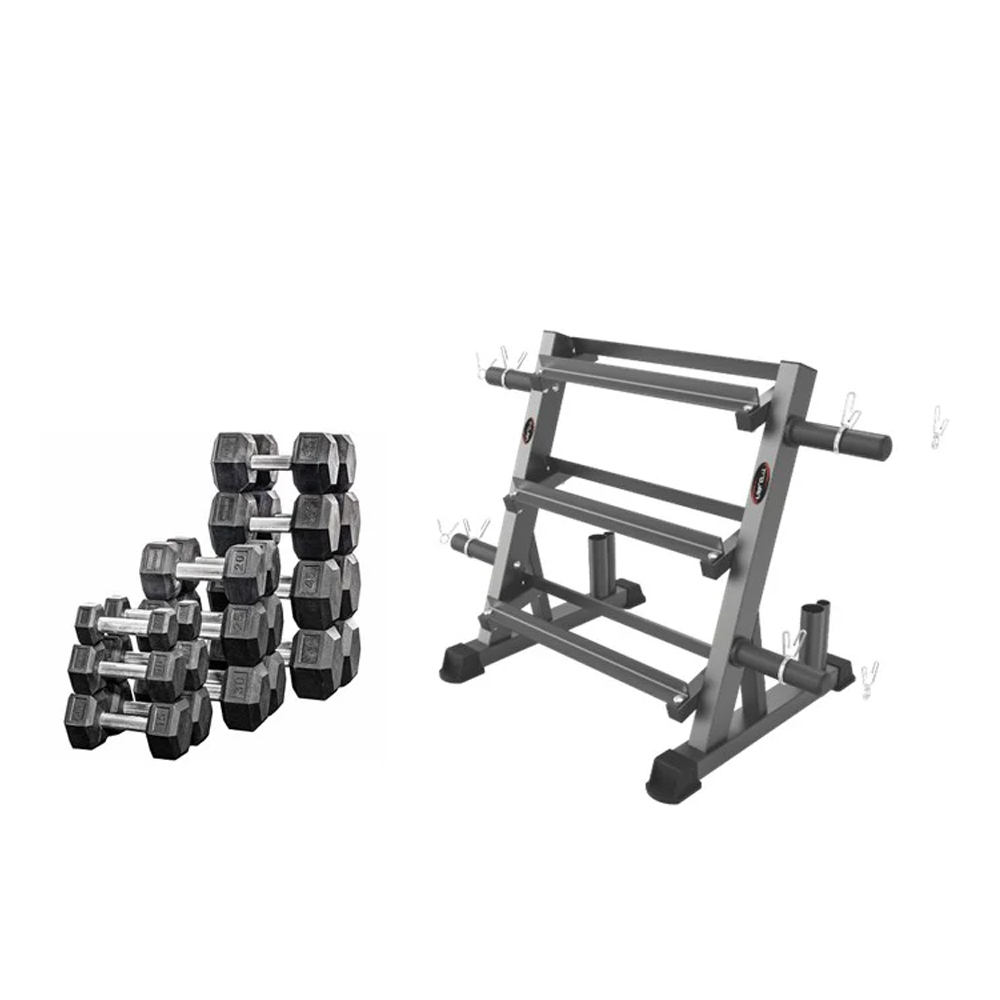 Dumbbell Rack 3 Tiers + 110 Kg Rubber Hex D/Bells – Trojan Fitness