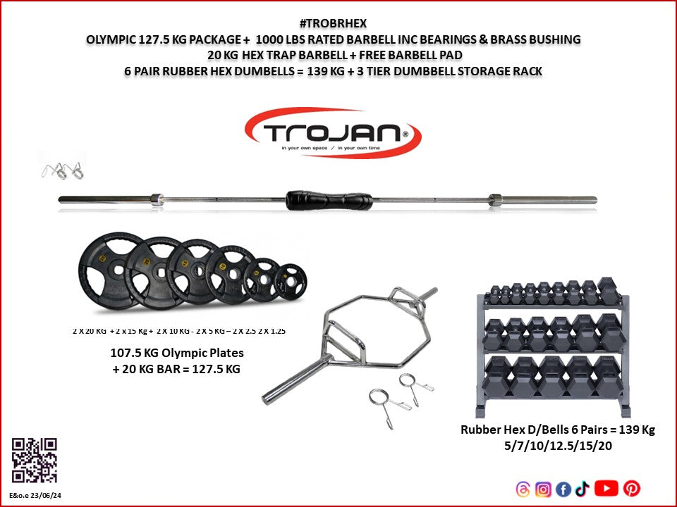 Olympic Lifting Combo: 107.5 Kg Plates, 20 Kg Barbell, Trap Bar, 139 K ...